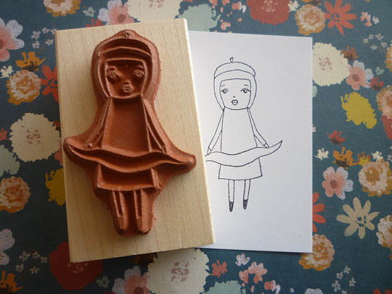 Kae Pea | KP5002F - Girl w/ Banner & Beret - Rubber Art Stamp – RubberMoon